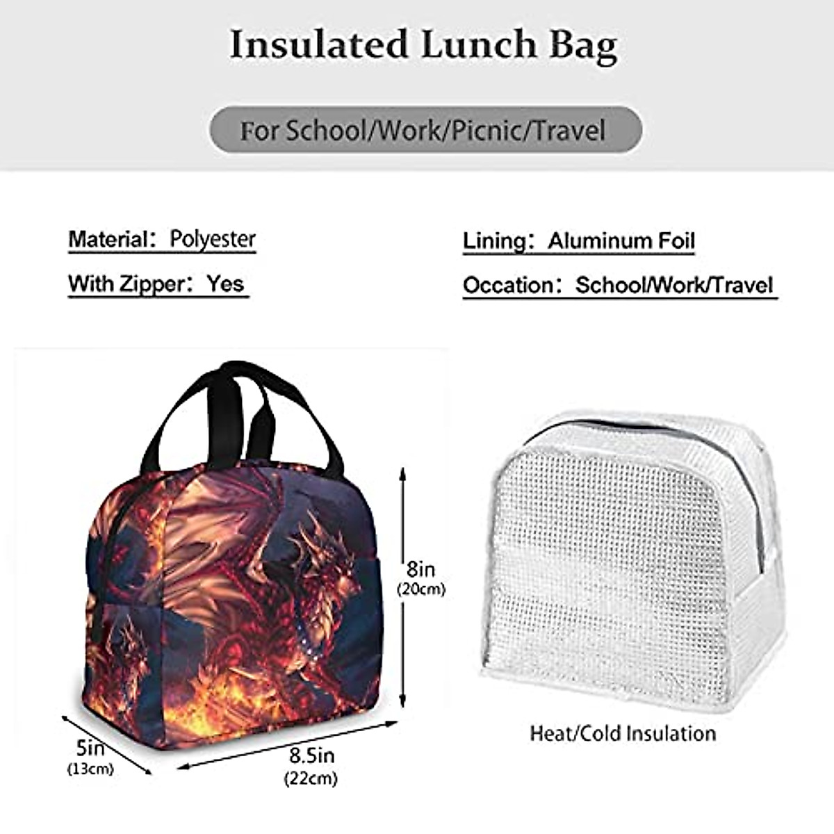 Dragon Reusable Insulated Lunch Bag Cooler Tote Box with Front Pocket Zipper Closure for Woman Man Work Picnic or Travel