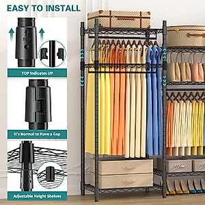 EasyCom Garment Rack, Heavy Duty Clothes Rack with 7 Shelves and 4 Hanger Rods, Closet Organizer System, Closet Clothes Rack, Free Standing Closet, 17.7" D x 70.5" W x 76.8" H, Max Load 900LBS, Black