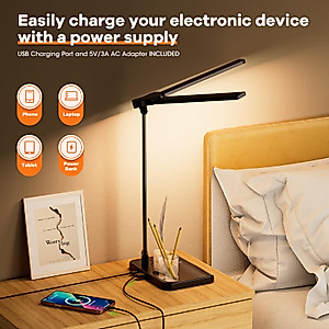 RealPlus Desk Lamp with USB Charging Port & 【Adapter】, 17IN Tall LED Desk Lamps for Home Office, 10W Double Head Desk Lamp with Pen Holder, Memory Function/10 Brightness/5 Colors/Reading Mode/Timer