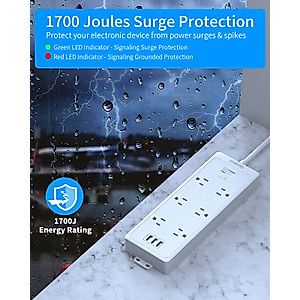 15 FT Extension Cord Surge Protector Power Strip 6 Super Wide Spaced Outlets, NTONPOWER Flat Plug Surge Protector Wall Mount with 3 USB, 1875W, 15A, 1700 Joules, Overload Protection for Home Office