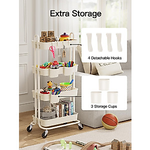 Pipishell 4-Tier Rolling Cart, Utility Cart with Lockable Casters, PP Plastic Storage Baskets, Hanging Cups & Hooks, Rolling Cart for Living Room, Bedroom, Kitchen, Bathroom, Art Studio(White)