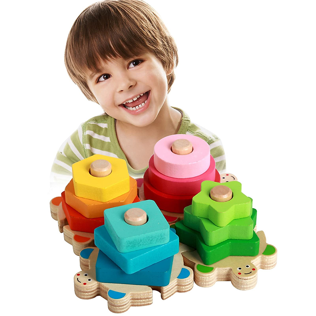 MUBEN Wooden Stacking Toys for Toddler 2 3 4 Year Old, Shape Sorter Montessori Educational Puzzle Blocks Toys, Best Gifts for Girls Boys Early Preschool Learning