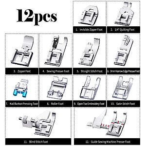 12 Pieces Sewing Machine Presser Foot Set Sewing Machine Spare Parts Accessories Multifunctional Sewing Foot Presser for Most Sewing Machines