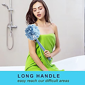 [2nd Generation] Shower Body Brush with Bristles and Loofah,Back Scrubber Bath Mesh Sponge with Curved 16" Long Non-Slip Handle Skin Exfoliating Massage Suitable for Men and Women (Blue)
