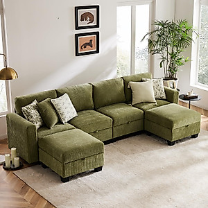 ABCASA Sofa Ottoman with Storage,Ottoman Module for Modular Sectional Sofa Couch, Storage Ottoman Footrest and Seat Cube, Green