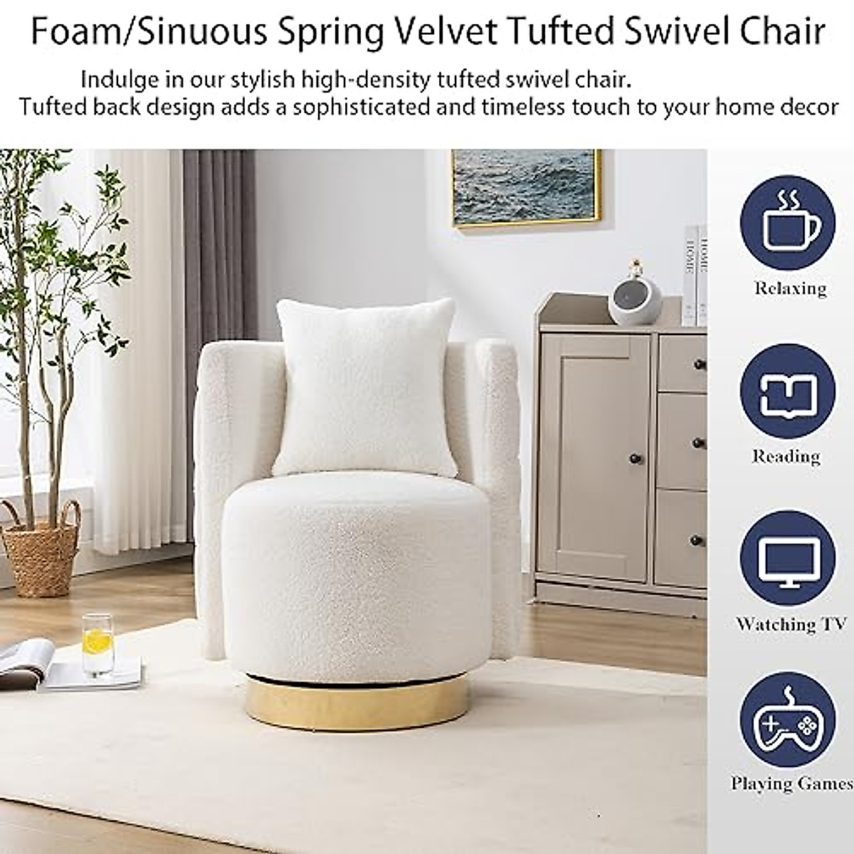 Velvet Vanity Barrel Chair, Modern Curved Tufted Back Office Chair with Gold Metal Base, Upholstered Makeup Stool with Throw Pillow for Living Room, Bedroom, Hotel Accent Leisure Chair (White)
