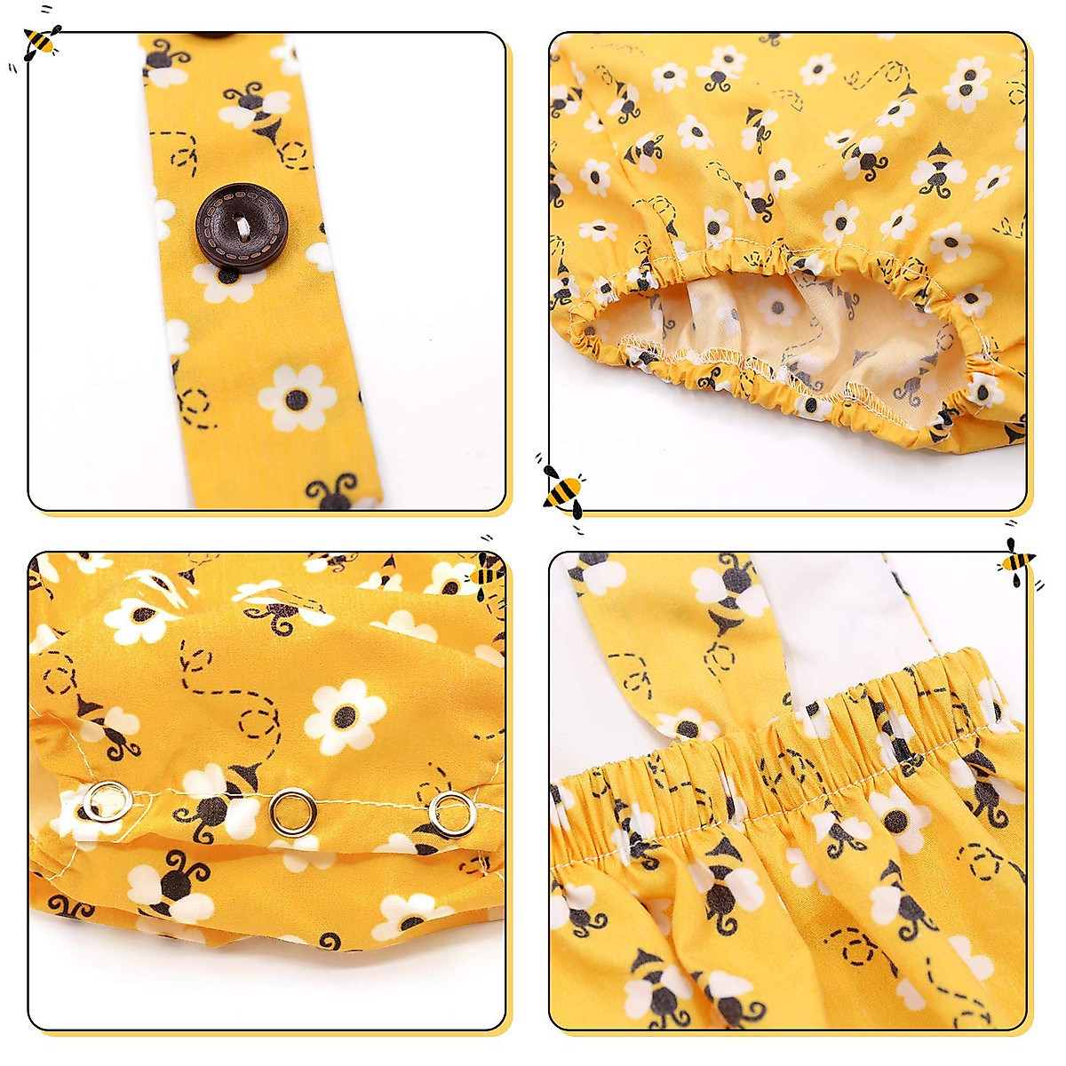 Eunikroko Honey Bee Romper with Headband for Baby Girls First Birthday Yellow Bumble Bee Outfit for First Bee-Day Cake Smash Photoshoots Supplies