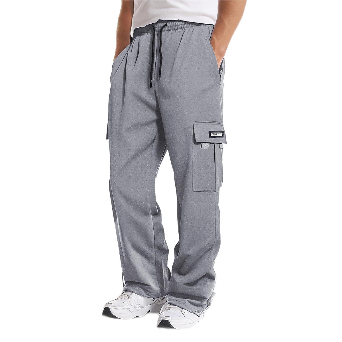 GYMBULLFIGHT Men's Cargo Sweatpants Loose Fit Pants Joggers for Men with Pockets, Open Bottom Drawstring Grey