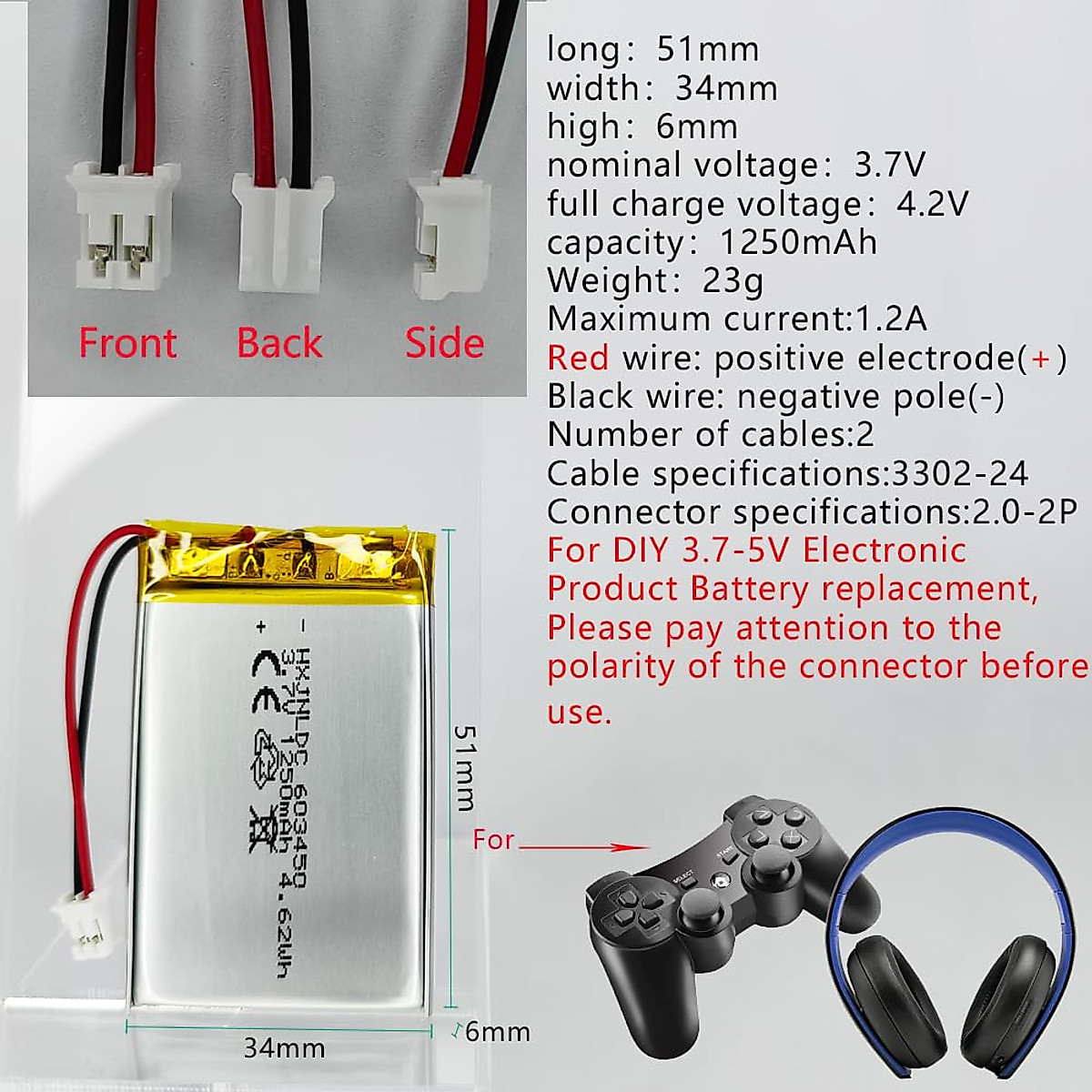 3.7v 1250mAh 603450 Replacement Battery for Sony PS4 Gold Wireless Stereo Headset，Compatible with PS3 Controller CECHZC2E CECHZC2J CECHZC2H CECHZC2A and CECHZC2U, Lip1349 LIP1472 LIP1859 Playstation 3