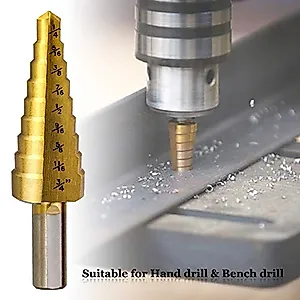 Saiper Titanium Step Drill Bit 1/4" to 3/4" (9 Step Sizes) High Speed Steel Triangle Handle Step Drill Bits Drill Holes for Plastic, Aluminum, PV Plate