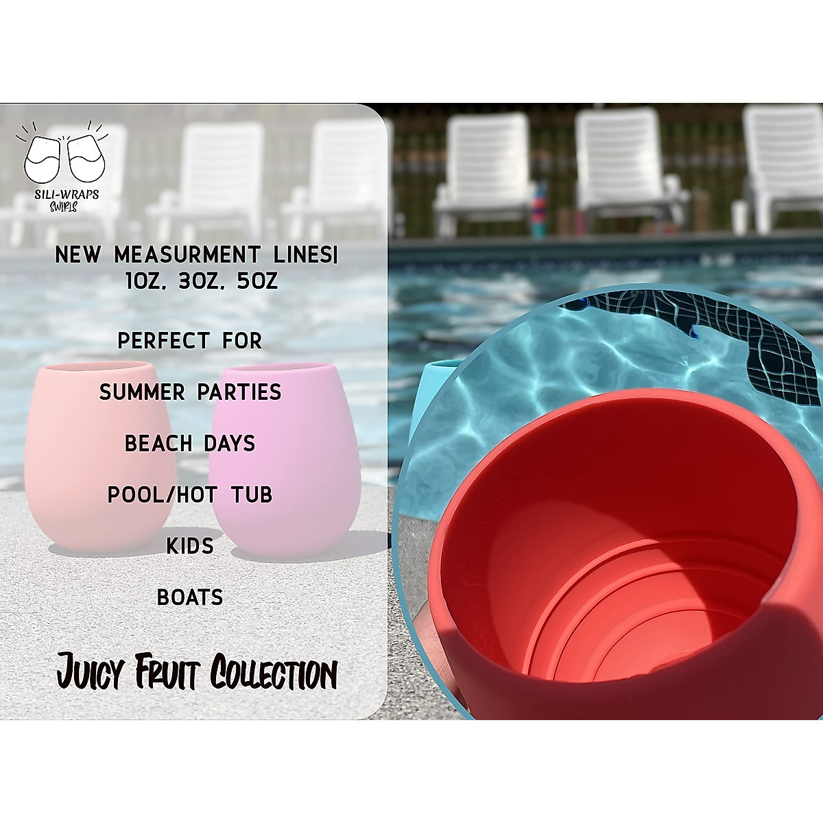 Sili Wraps Unbreakable Silicone Wine Glasses | Reusable Drinkware for Parties, Camping, Beaches, and Boats | 100% Silicone | Set of 4 | BPA-Free, Dishwasher Safe | Juicy Fruit Collection