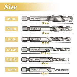 Eyech 6Pcs HSS Combination Drill and Tap Bit Set 1/4 Inch Hex Shank Tap Drill Bit Drill Screw Tap Bit Set Tapping Bit Tool | Imperial