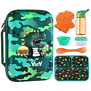 BDBKYWY 3D Dinosaur Lunch Box Kids Bento Box Insulated Lunch Bag with Ice Pack Water Bottle Spoon Salad Snack Container Silicon Cap Durable Water-Resistant Back to School Supplies for Boys Age 7-12