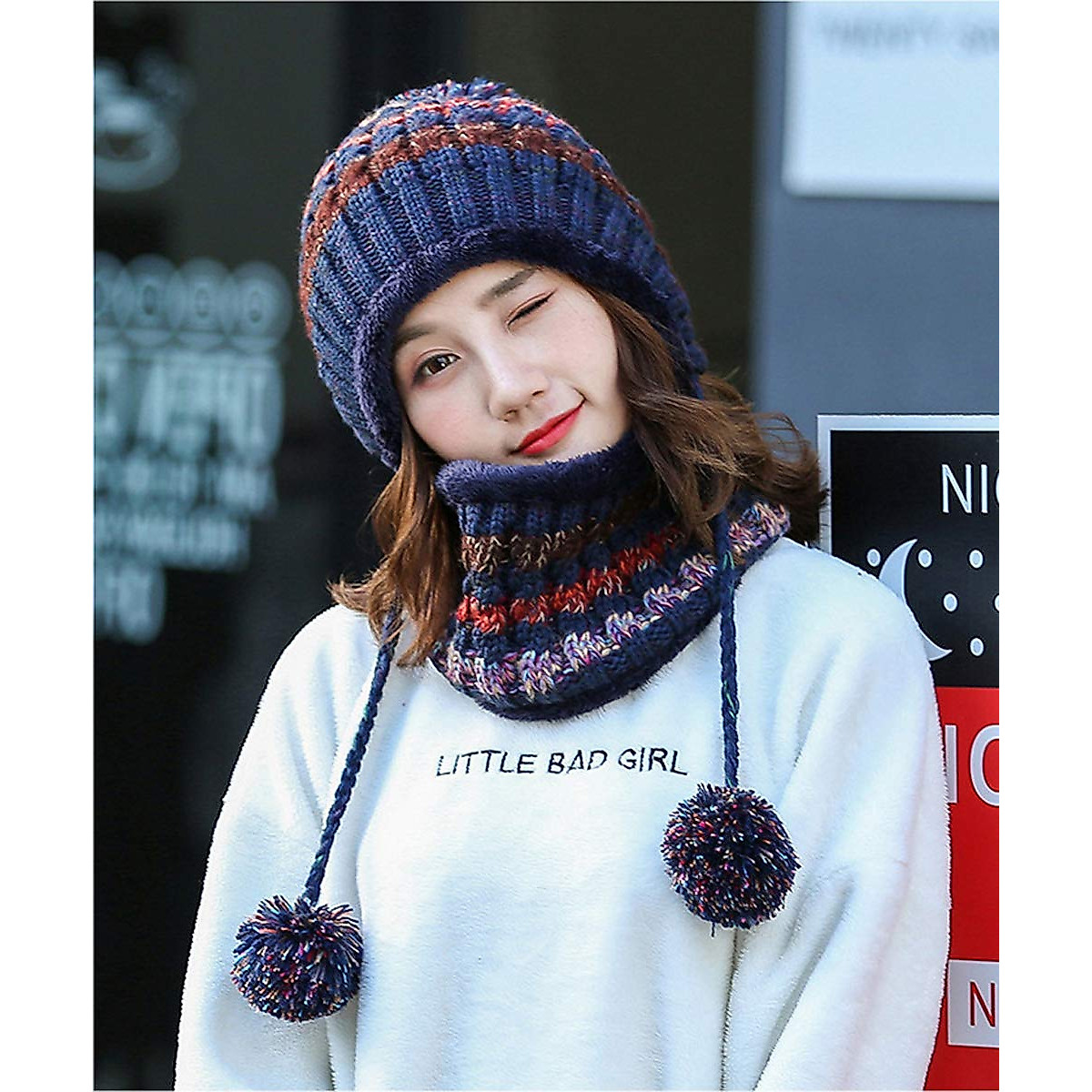 HUAMULAN Women Winter Beanie Hat Circle Scarf Set Pompoms Peruvian Ski Snow Ear Flaps Sherpa Knit Hats Fleece Lined Slouchy