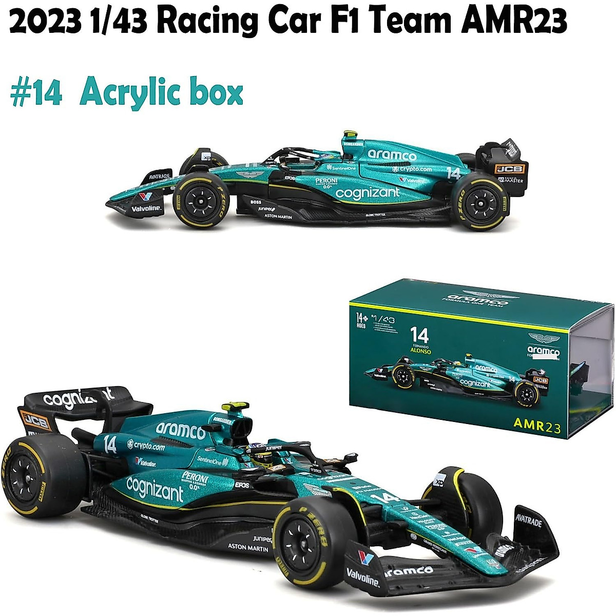 HTLNUZD 2023 Bburag New 1:43 F1 AMR23#14 Alonso Alloy Car Model Formula Racing for DieCast 1/43 Aston Martin #14 Acrylic Packaging Version Static Adult Collection Gift