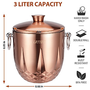 LRYYBTI Ice Bucket with Lid, Double Wall Stainless Steel Insulated ice Bucket, Champagne Bucket, Wine Bucket for Parties, Cocktail bar, Copper, 3L