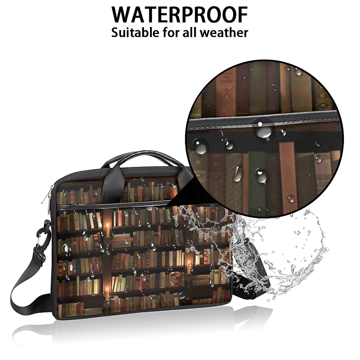 Vintage Bookshelf Laptop Computer Bag Waterproof Shoulder Messenger Bag 13-15 inch Durable Laptop Tote Bag with Shoulder Strap Handle Lightweight Crossbody Briefcase