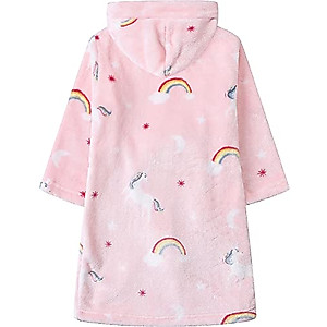 Umeyda Girls Robe, Soft Fuzzy Fleece Printed Hooded Bathrobe Cute Sleepwear for Kids, Rainbow Peach Pink, 12-18 Months = Tag 90