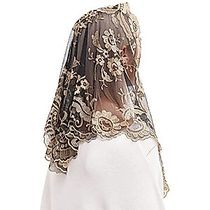 Spanish Mantilla Embroidery Lace Veils Catholic Church Mantillas Chapel Scarf Lace Mass (black and gold), 120cm*60cm