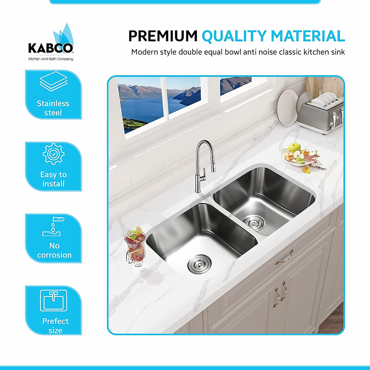 KABCO 32 Inch Swirl Finish Stainless Steel Classic Kitchen Sink, Sound and Heat Proof Double Equal Bowl Undermount Sink with Kitchen Sink Strainers, Removable Garbage Baskets and Sink Grids