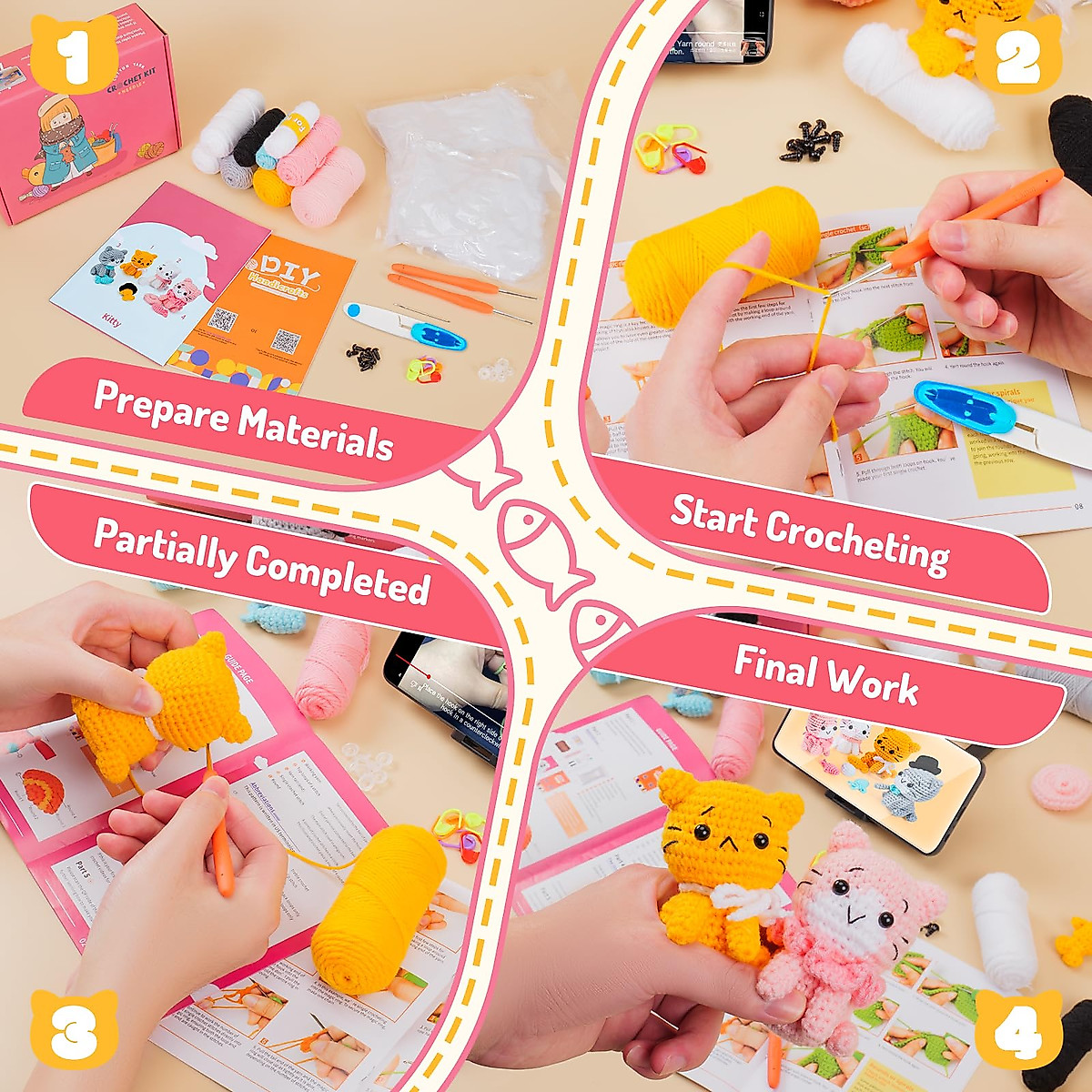 Crochet Kit for Beginners - Cat Crochet Kit with Step-by-Step Video Tutorials, Learn to Crochet Kits for Adults and Kids, 4 PCS Cat with Hat, Toy, Fish Crocheting Set