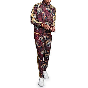 G-Style USA Men's Royal Floral Tiger Track Suit ST559 - Burgundy -Large