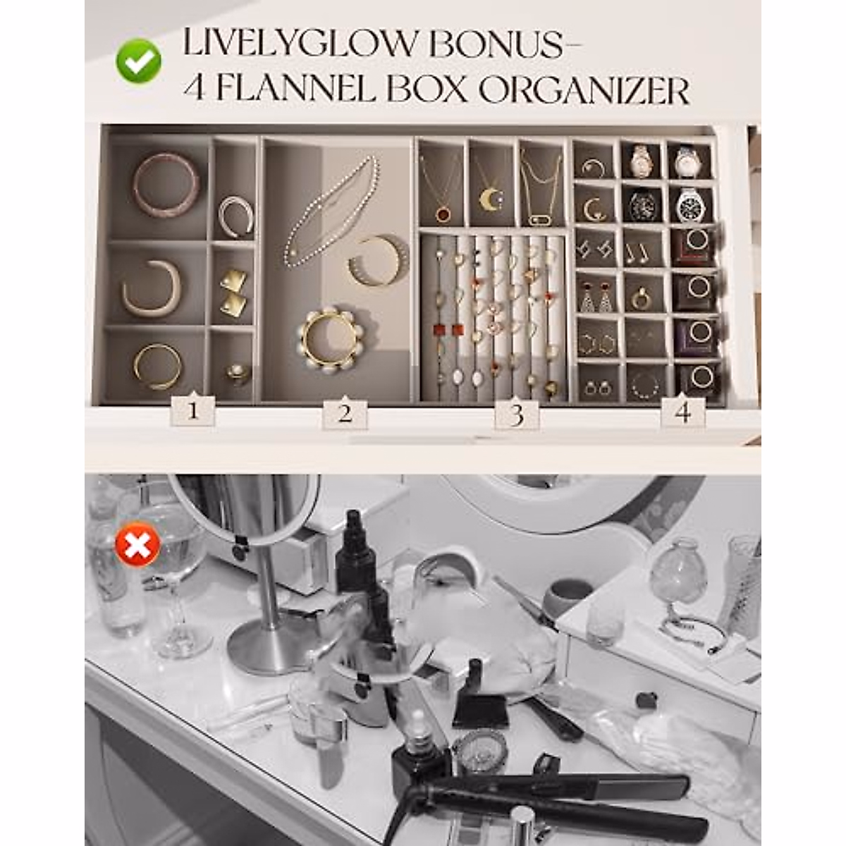 LIVELYGLOW Vanity Desk with Mirror and Lights, Makeup Vanity with Drawer & Storage Shelves, Cabinet, 3 Lighting Modes Adjustable Brightness, Bedroom Dressing Table, White