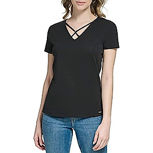 Calvin Klein Women's Knit Short Sleeve Blouse, Black, Medium