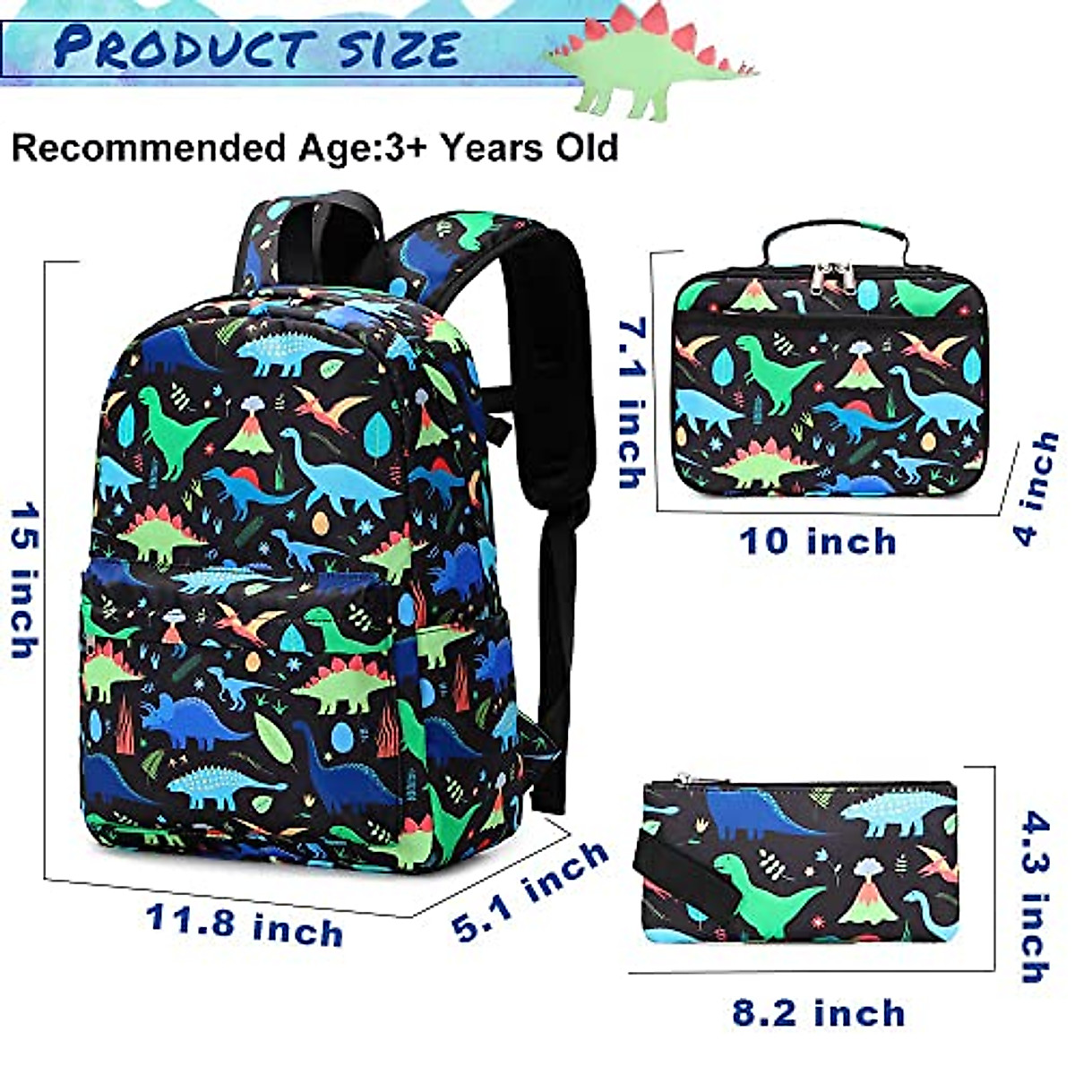 Dinosaur Backpack for Kids Boys Preschool Backpack Kindergarten School Bookbag with Lunch Box Pencil Case (Dinosaur)