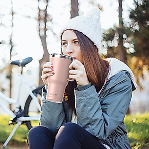 AUSOR 30 oz Tumbler with Lid and Straw,Water Bottle with Handle,Insulated Stainless Steel Tumbler for Hot & Cold, Coffee Travel Mug Cups Reusable Pink