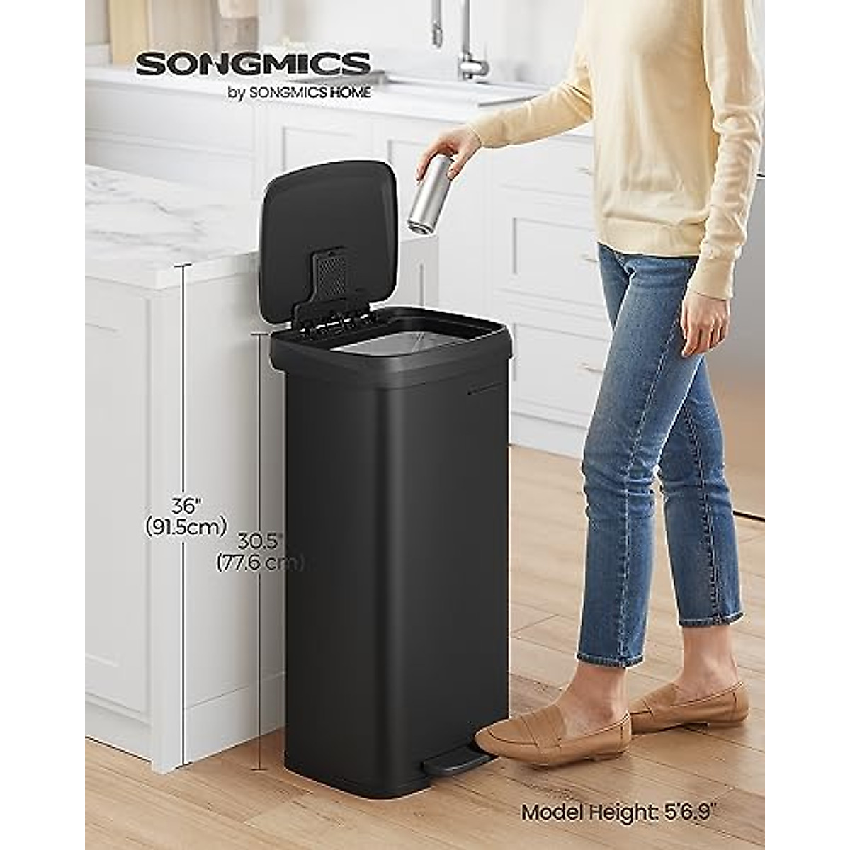 SONGMICS Kitchen Trash Can, 18-Gallon Stainless Steel Garbage Can, with Stay-Open Lid and Step-on Pedal, Soft Closure, Tall, Large and Space-Saving, Black ULTB520B68