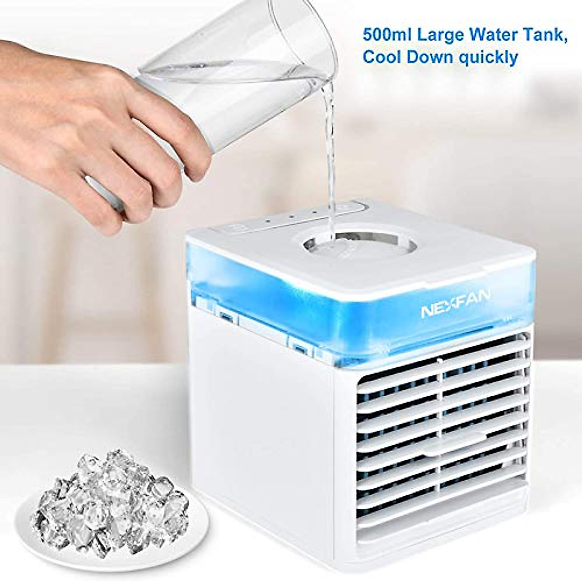 Portable Air Conditioner Fan, Mini Personal Air Cooler Fan with 3 Speed Mode, and USB Input & 7 Colors Night Light, Small Humidifier Air Cooler Desk Table Fan for Home, Office and Room