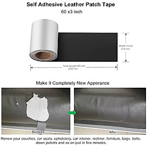 ILOFRI Self Adhesive Leather Repair Patch Tape 3x60 inch, Vinyl and Leather Repair Kit for Couches, Furniture, Car Seat, Boat Seat, Sofa, Vinyl Upholstery, Chair, Interior - Dark Black