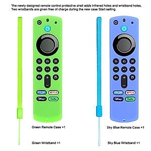 [2 Pack] Pinowu Firestick Remote Cover Case (Glow in The Dark) Compatible with Firetv Stick Alexa Voice Remote 3rd Gen, Silicone Sleeve with Wrist Strap (Green & Blue)