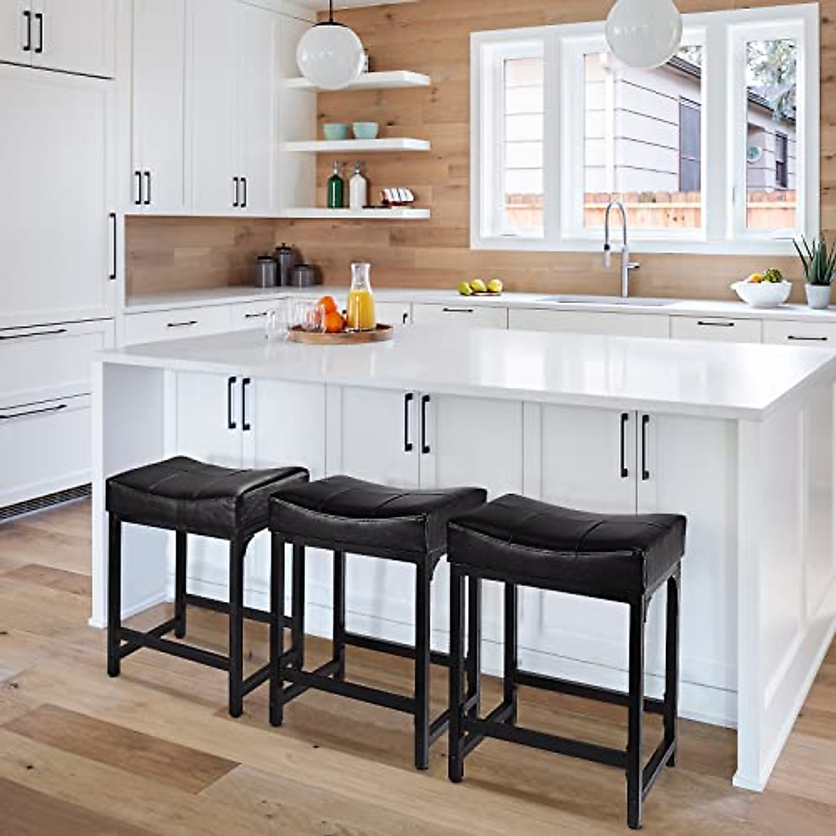 FLYZC Counter Height Bar Stools Set of 2, 24 Inch Stools for Kitchen Counter with Soft Cushion Bar Stools ​and Barstools Steel Frame, Black Saddle Stools for Kitchen Island Bar Support 300 LBS(Black)