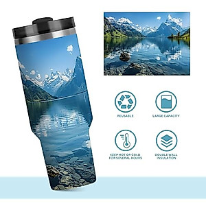 FRCSDIY Snowy Mountains and Lakes Insulated Tumbler with Handle and Straw Lid,30oz Leakproof Stainless Steel Cup BPA-Free Water Bottle