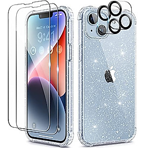 BERFY for iPhone 14 Case Glitter, with 2X Screen Protector + 2X Camera Lens Protector, [Not Yellowing] Sparkly Crystal Shockproof Hard Back Slim Protective Phone Cover for Women, 6.1" (Glitter Clear)