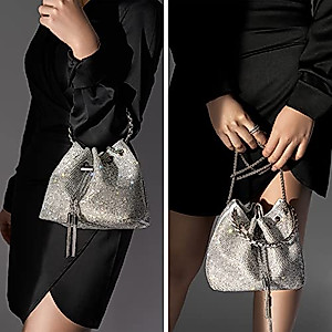 SWEETV Women's Rhinestone Bucket Bag, Evening Handbag Purse for Formal Wedding Cocktail Prom Party Club, Silver, Large