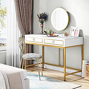 LITTLE TREE Drawers Computer Desk, 43.31” W x 21.65” D x 31.5”H, White and Gold