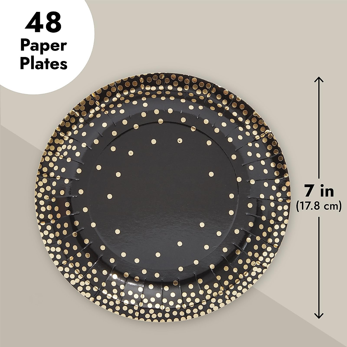 BLUE PANDA 48-Pack Black and Gold Party Plates, 7 Inch Paper Plates for Birthday Cake and Desserts