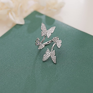 Jukoclut Dainty Plated Cubic Zirconia Butterfly Charm Stacking Adjustable Open Rings for Women Silver