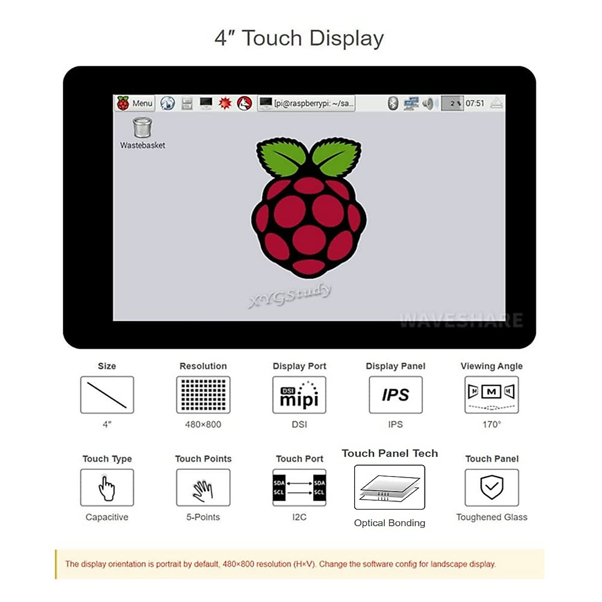 4inch IPS Capacitive 480×800 Touch Display LCD for Raspberry Pi 4B/3B+/3A+ CM3+/4 with DSI Interface Fully Laminated Screen Monitor @XYGStudy
