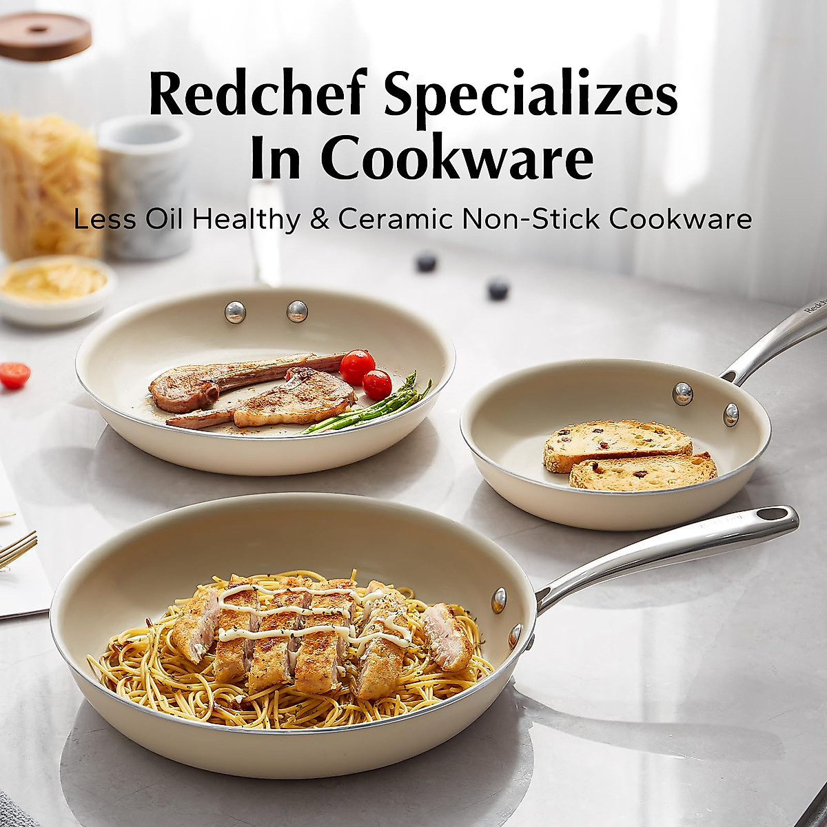 Redchef Nonstick Frying Pans Set, Ceramic Pan Skillet, Non Toxic Pans for Cooking, 8" 9.5" 11" Ceramic Frying Pan Set PFAS & PTFE & PFOA Free with Stay Cool Handle, Dishwasher & Oven Safe, Beige White