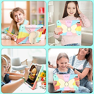 Ambison Case for iPad 10th Generation 2022 10.9 inch for Kids Girls with 9H Tempered Glass Screen Protector, Rugged Heavy Duty Shockproof Protective Case with Butterfly Stand,Carrying Strap-Multicolor