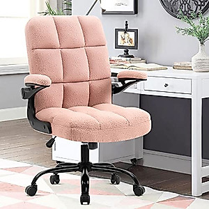SEATZONE Pink Home Office Desk Chairs with Flip-up Armrest, Faux Fur, Fuzzy Computer Rolling Chair with Wheels, Adjustable Backward Tilt