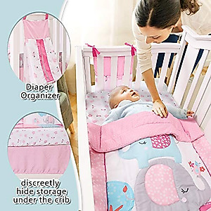 Honkaii Elephant Crib Bedding Set 4Pcs for Girls with Comforter Fitted Sheet Crib Skirt Diaper Stacker, Machine Washable, Suitable for 28 x 52 Inch Cribs, Lovely Nursery Crib Sets for Baby(Pink)