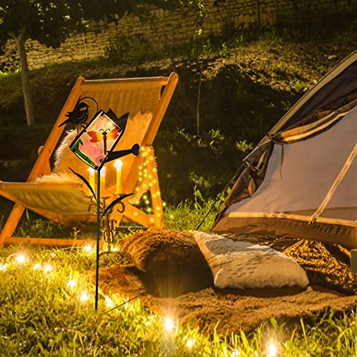 WUFEILY Solar Outdoor Lights Decorative, Dragonfly Garden Decor Glass Solar Watering Can with Cascading Lights Solar Garden Lights Yard Art Garden Stakes for Walkway, Pathway, Yard, Lawn, Patio