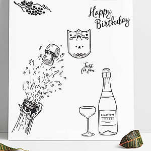Happy Birthday Party Wine Champagne Bottle Clear Stamps for Card Making Decoration DIY Scrapbooking, Cheer Words Silicone Transparent Seal Stamps for Embossing Album Decor Craft.