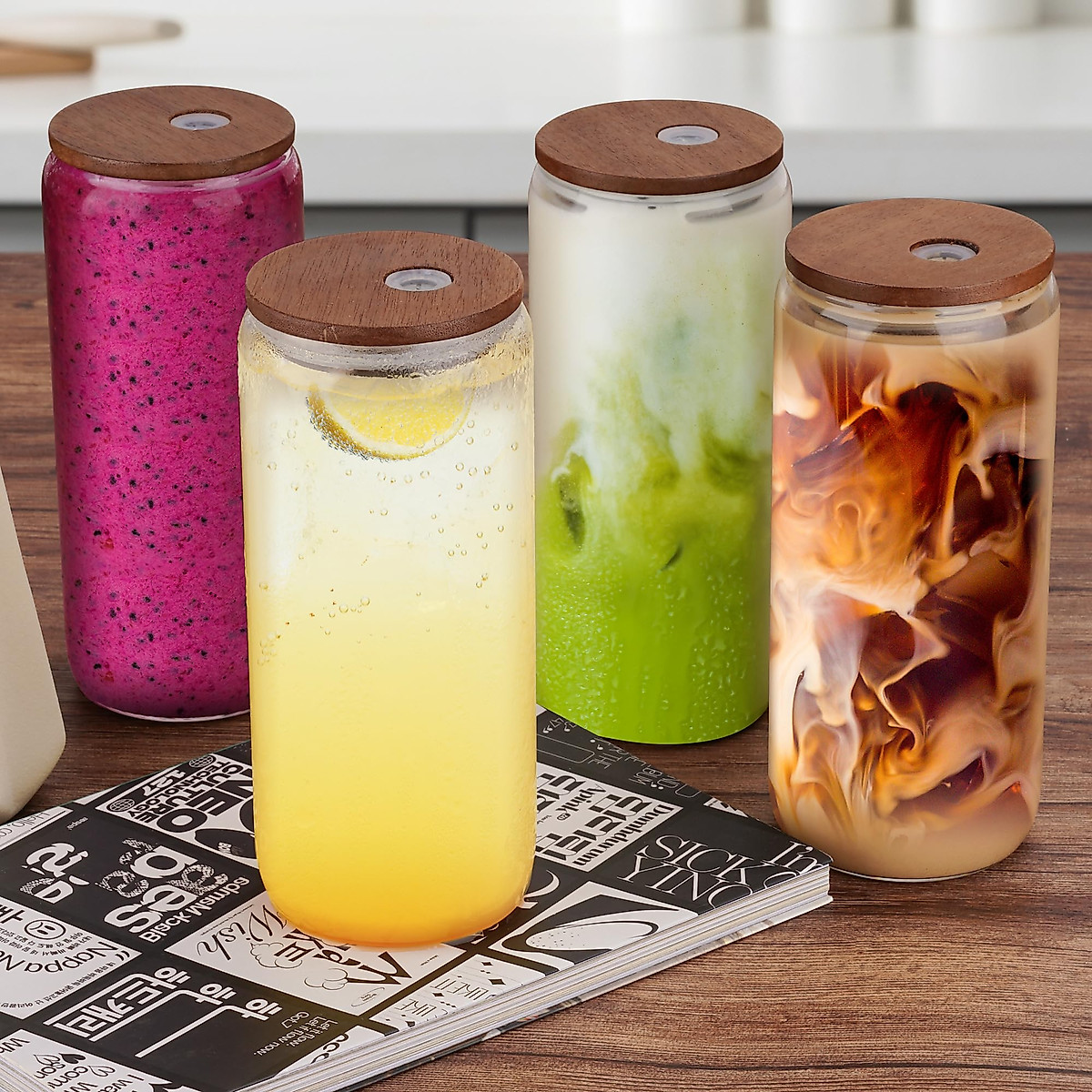 20 OZ Glass Cups with Acacia Lids and Glass Straws - 4pcs Set Beer Can Shaped Drinking Glasses, Iced Coffee Glasses, Cute Tumbler Cup for Smoothies, Juices, Boba Tea, Water - Cleaning Brush Included