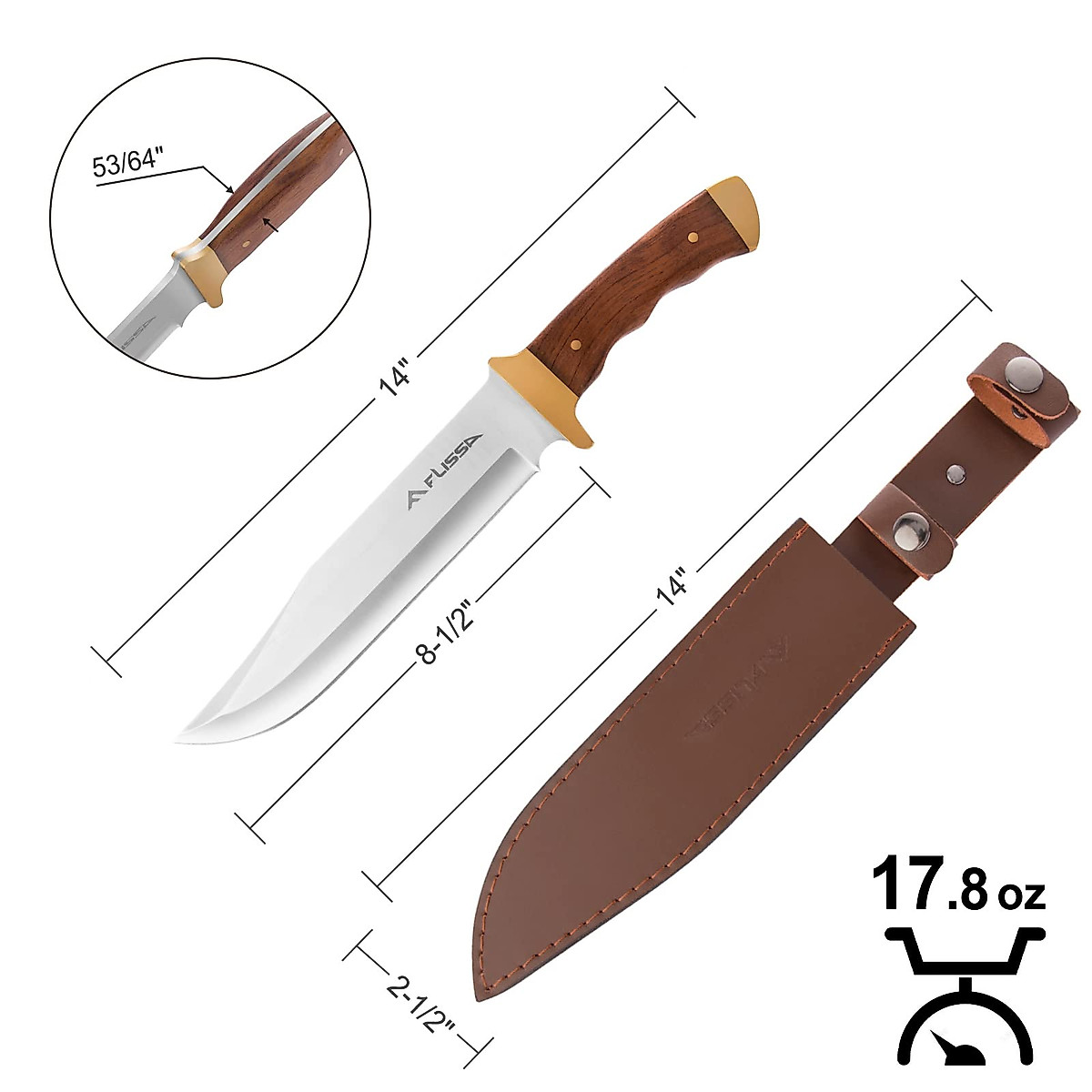 FLISSA 14-inch Bowie Knife, Full-tang Fixed Blade with Wood Handle, Hunting Knife with Leather Sheath for Outdoor Survival, Camping, Hiking